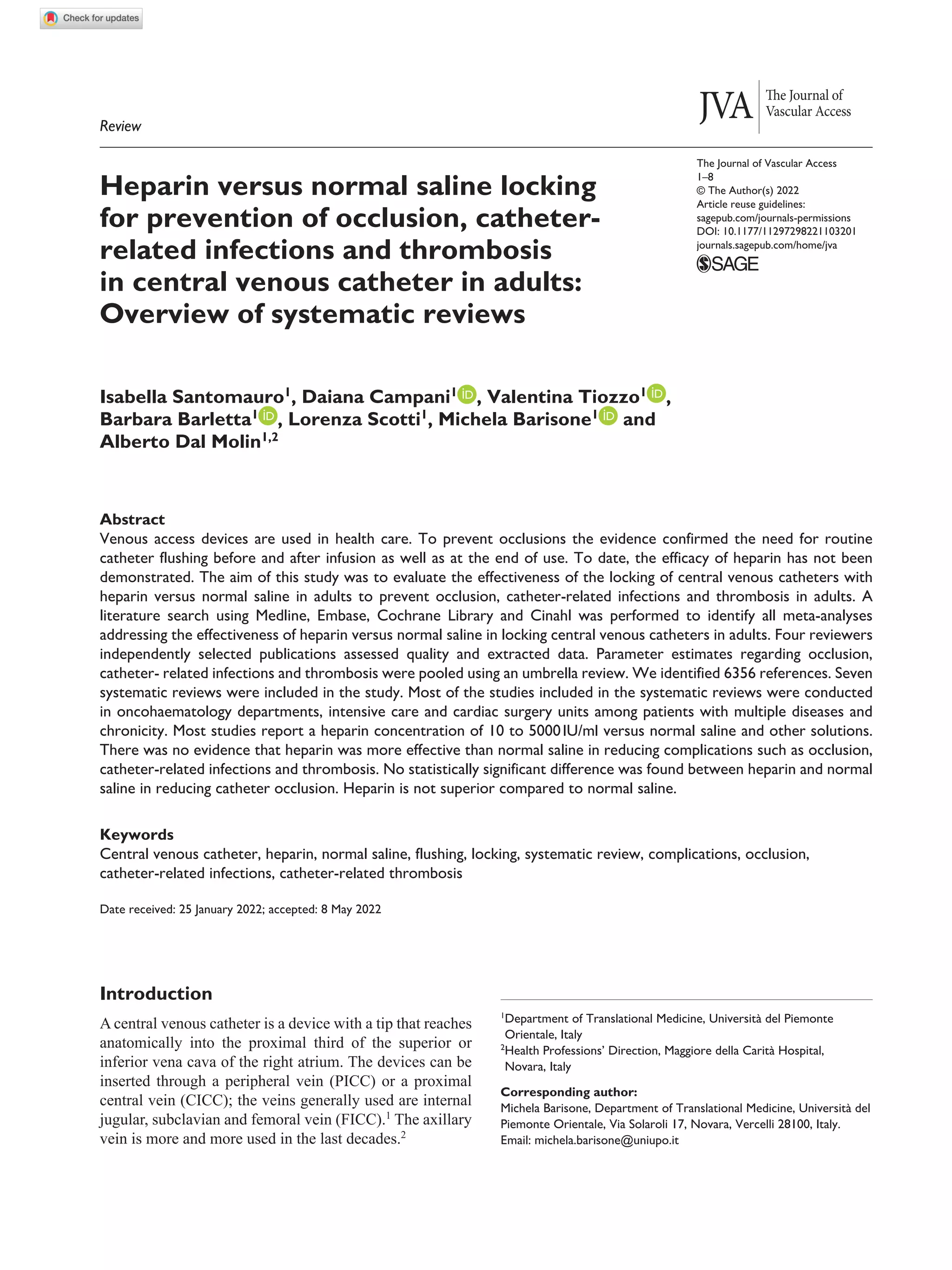 Heparin vs normal saline locking: overview of systematic reviews | PDF