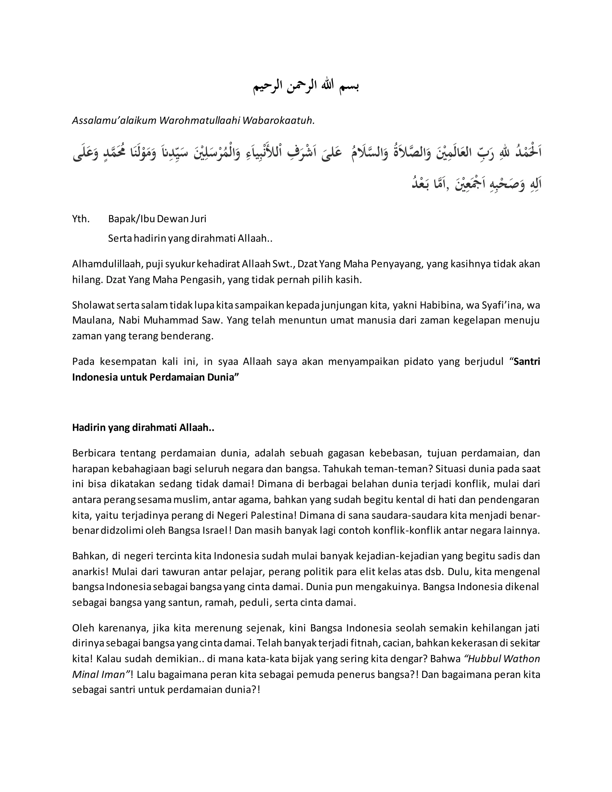 Teks Pidato: Santri Indonesia sebagai Perdamaian Dunia | DOCX
