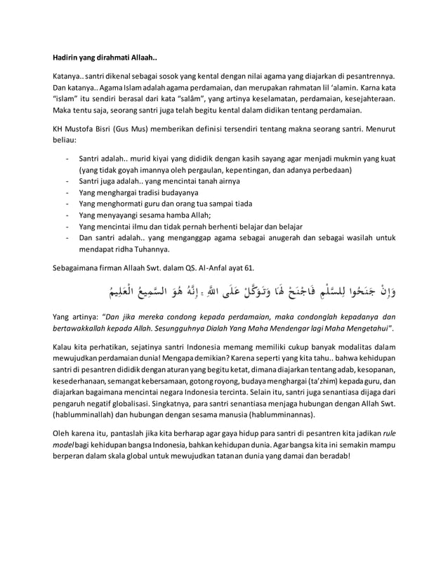 Teks Pidato: Santri Indonesia sebagai Perdamaian Dunia | DOCX