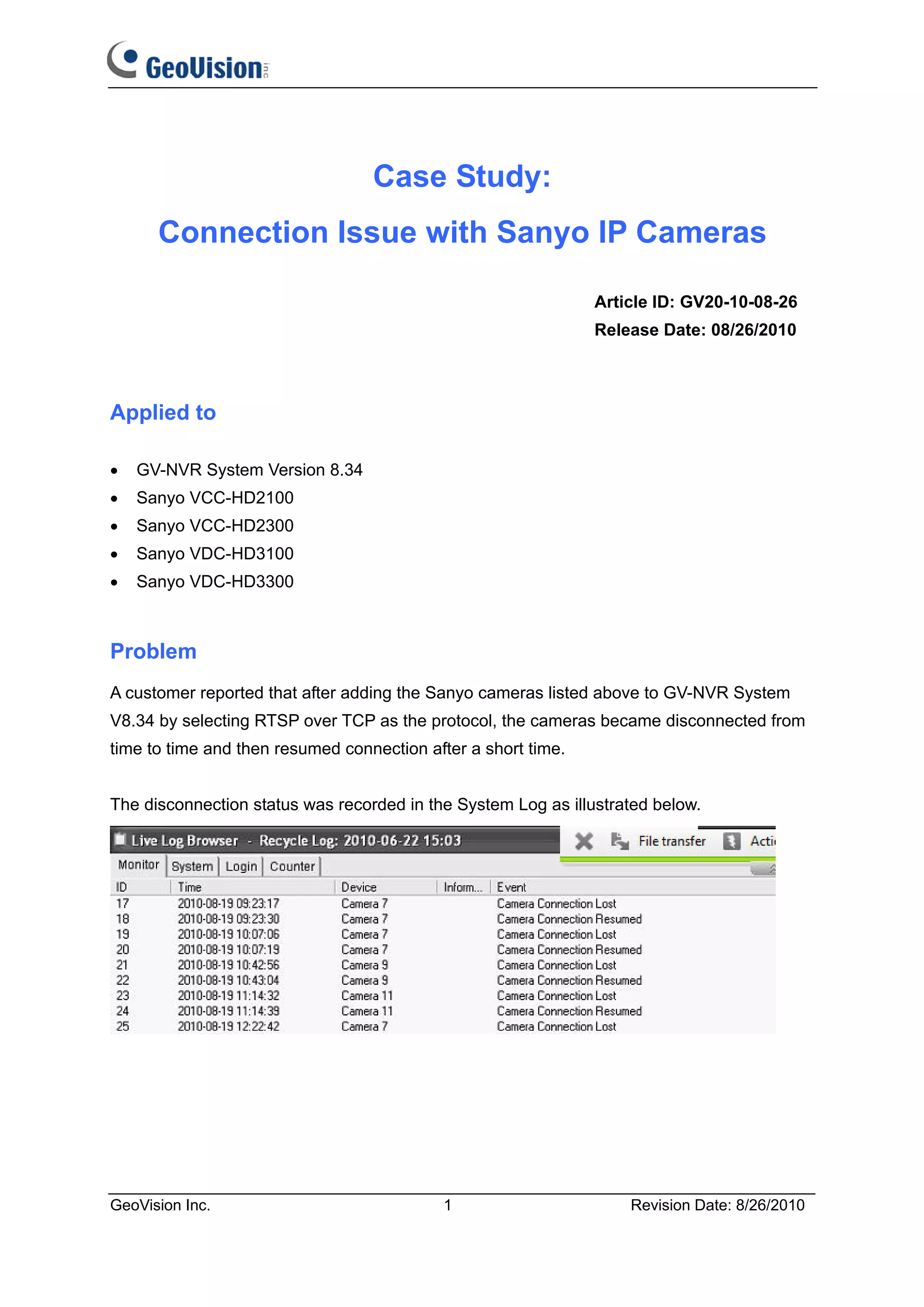 GeoVision : CCTV Solutions : GV-NVR Sanyo connection issue | PDF