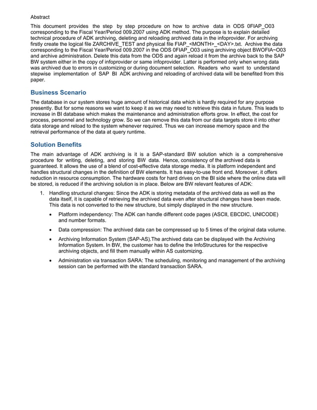 Sap bi step by step procedure for data archiving by adk and reloading archived data | PDF
