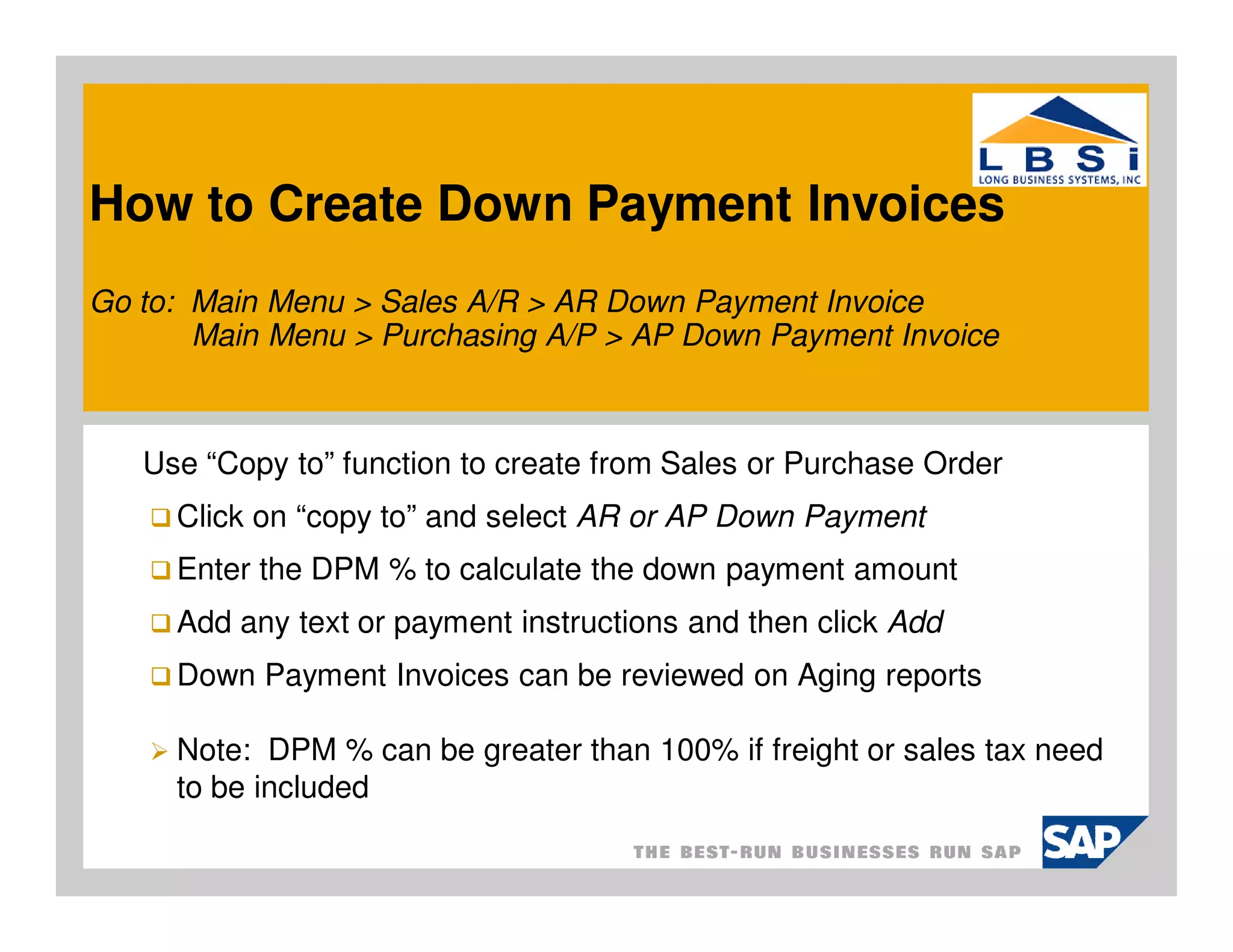 Sap business-one-down-payment-invoices-setup-and-processing | PDF