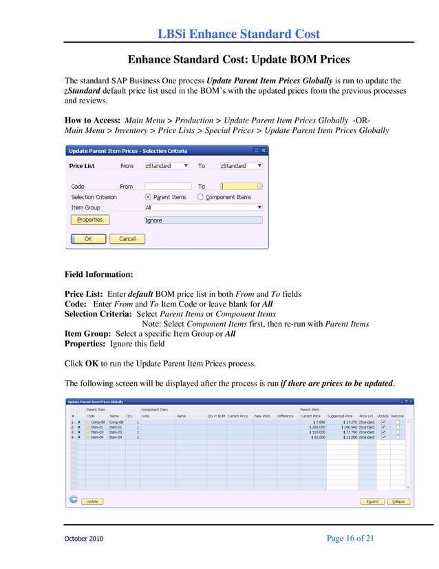 Sap business-one-standard-cost-roll-up-guide | PDF | Commodities | Economy