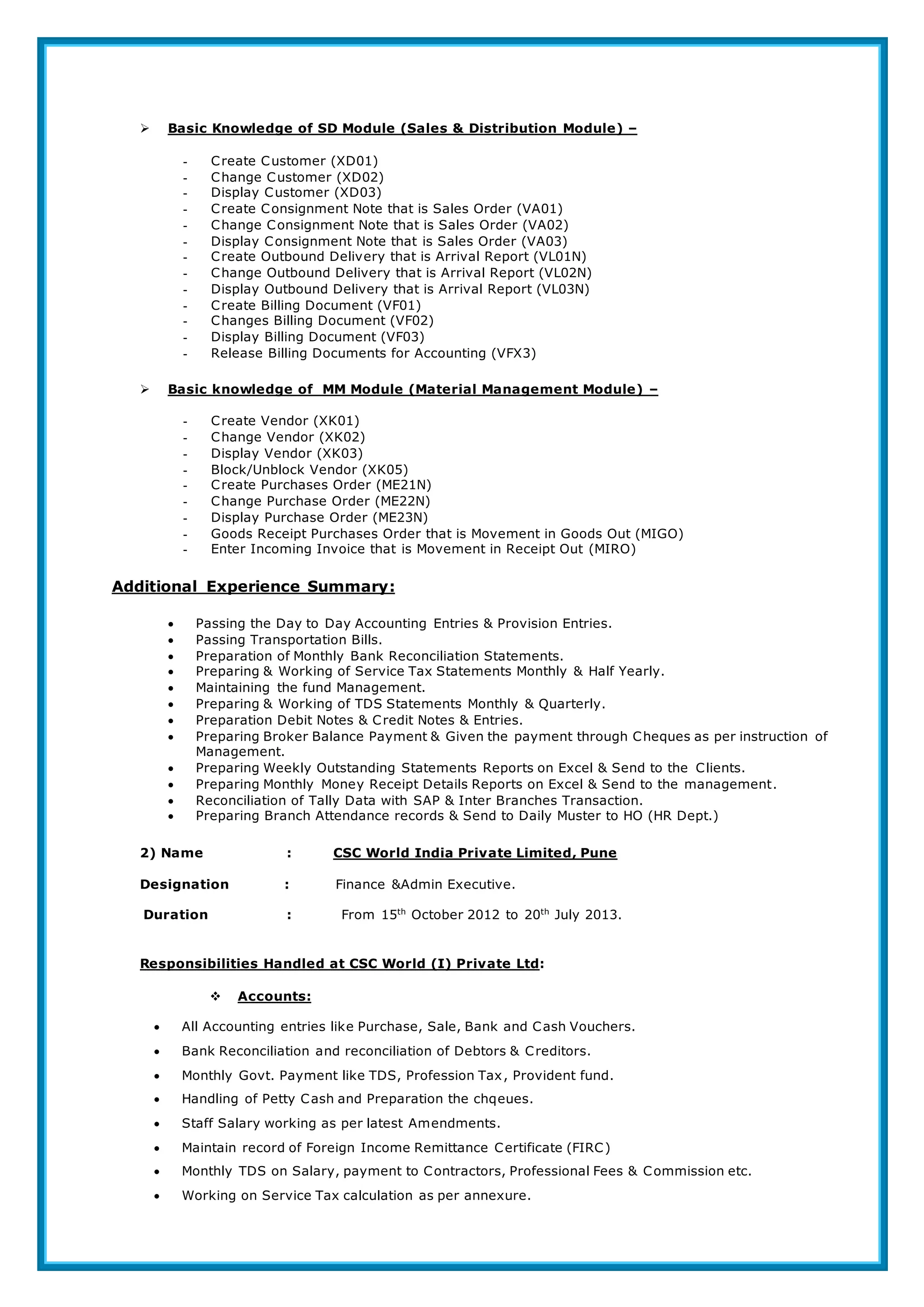 Sap FICO resume | DOCX