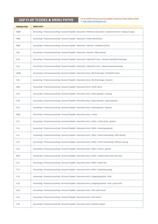 SAP FI-AP TCODES & MENU PATHS | PDF