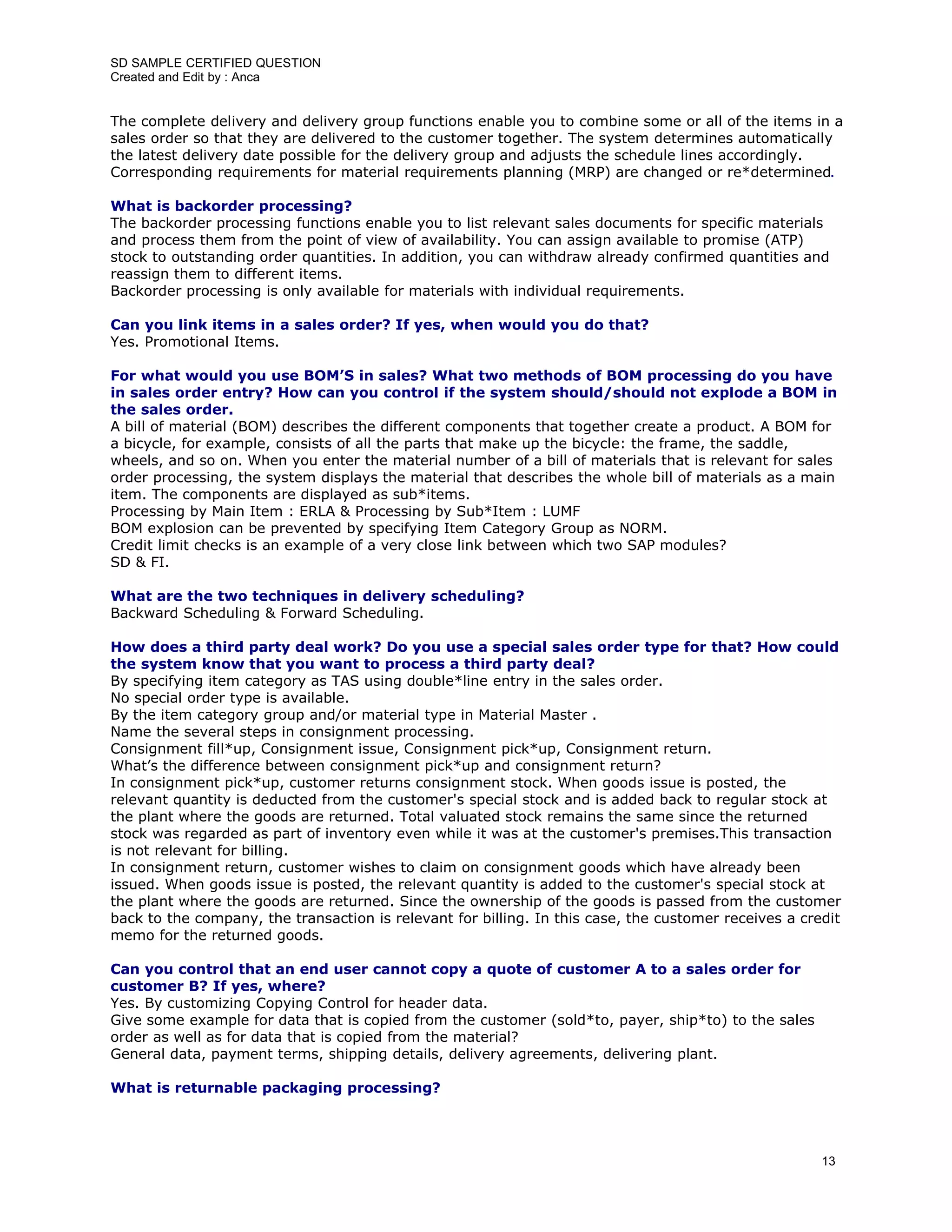 Sap Sd Sample Questions | PDF