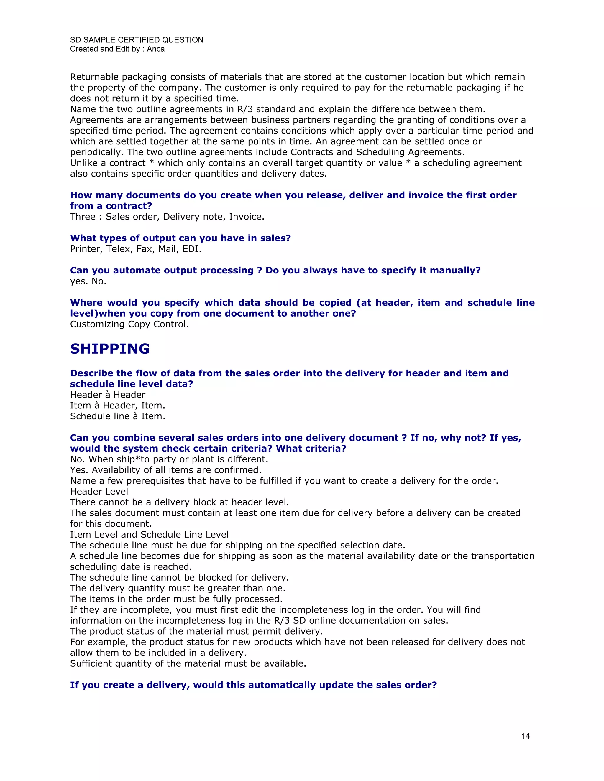 Sap Sd Sample Questions | PDF