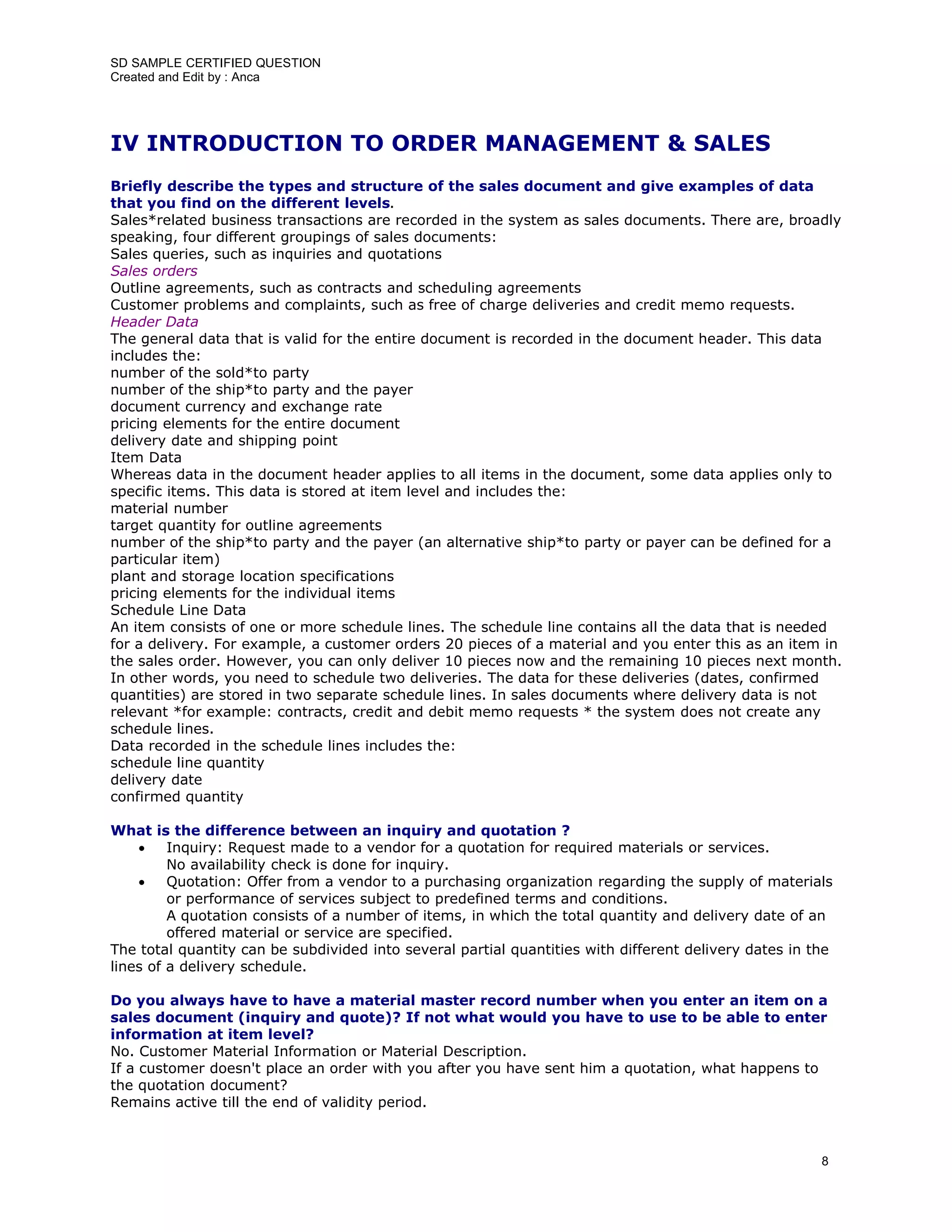 Sap Sd Sample Questions | PDF