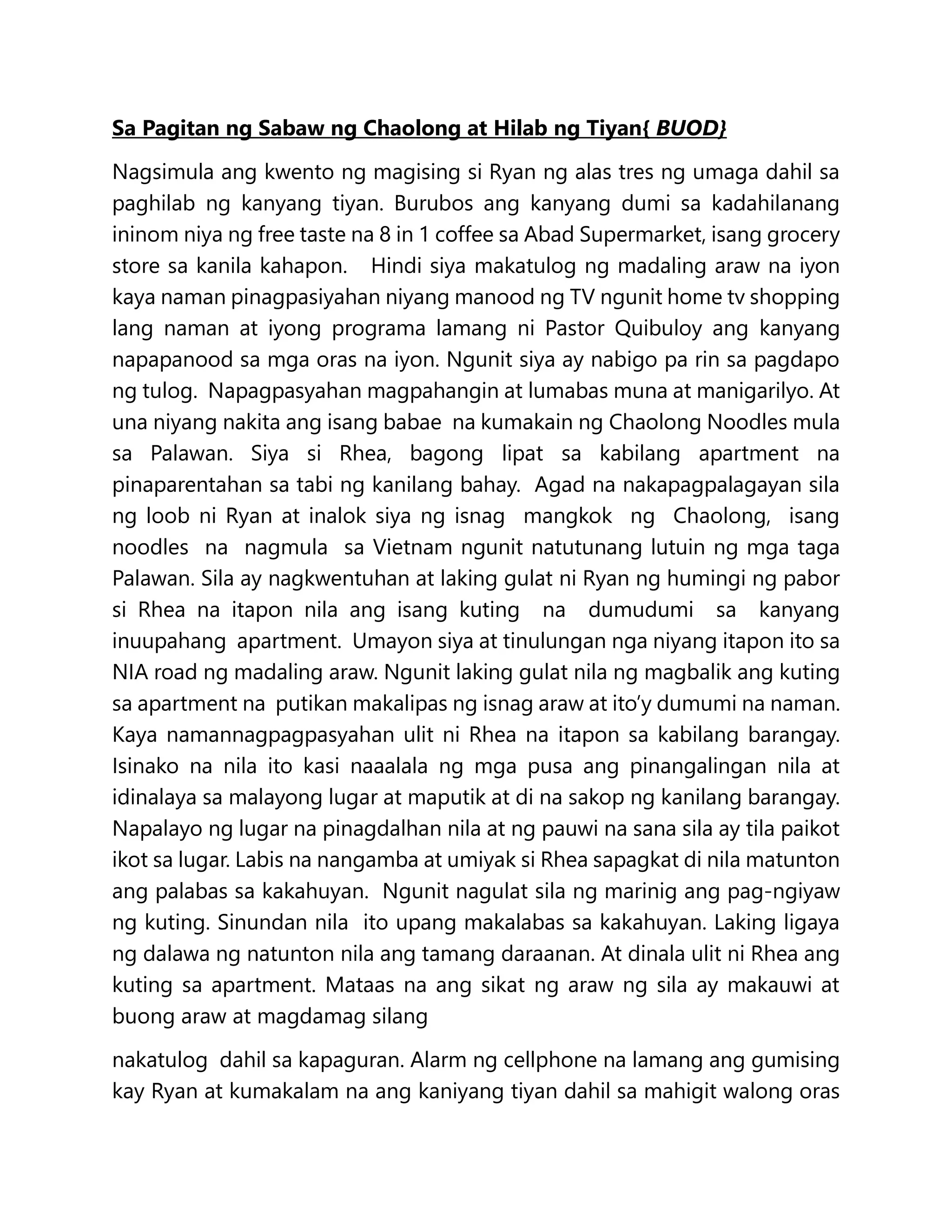Sa Pagitan ng Sabaw ng Chaolong at Hilab ng Tiyan buod | DOCX
