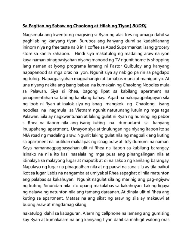 Sa Pagitan ng Sabaw ng Chaolong at Hilab ng Tiyan buod | DOCX