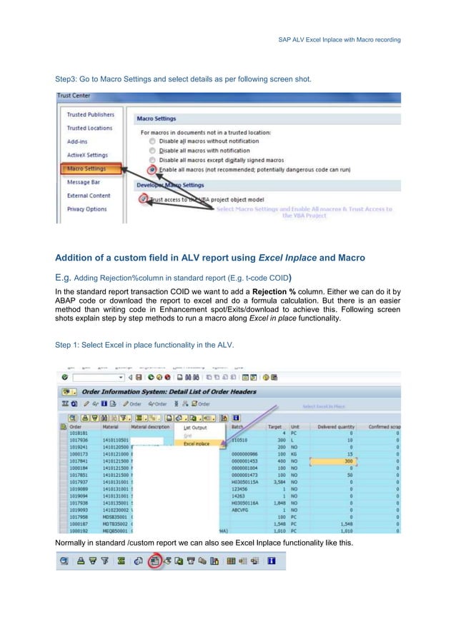 Sap alv excel inplace with macro recording sapignite | PDF