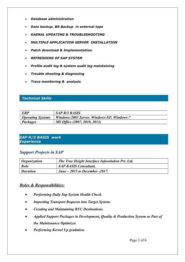 Sap basis cv | DOC | Operating Systems | Computer Software and Applications