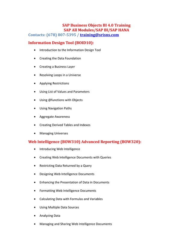 Sap bobj bi 4.0 curriculum | RTF