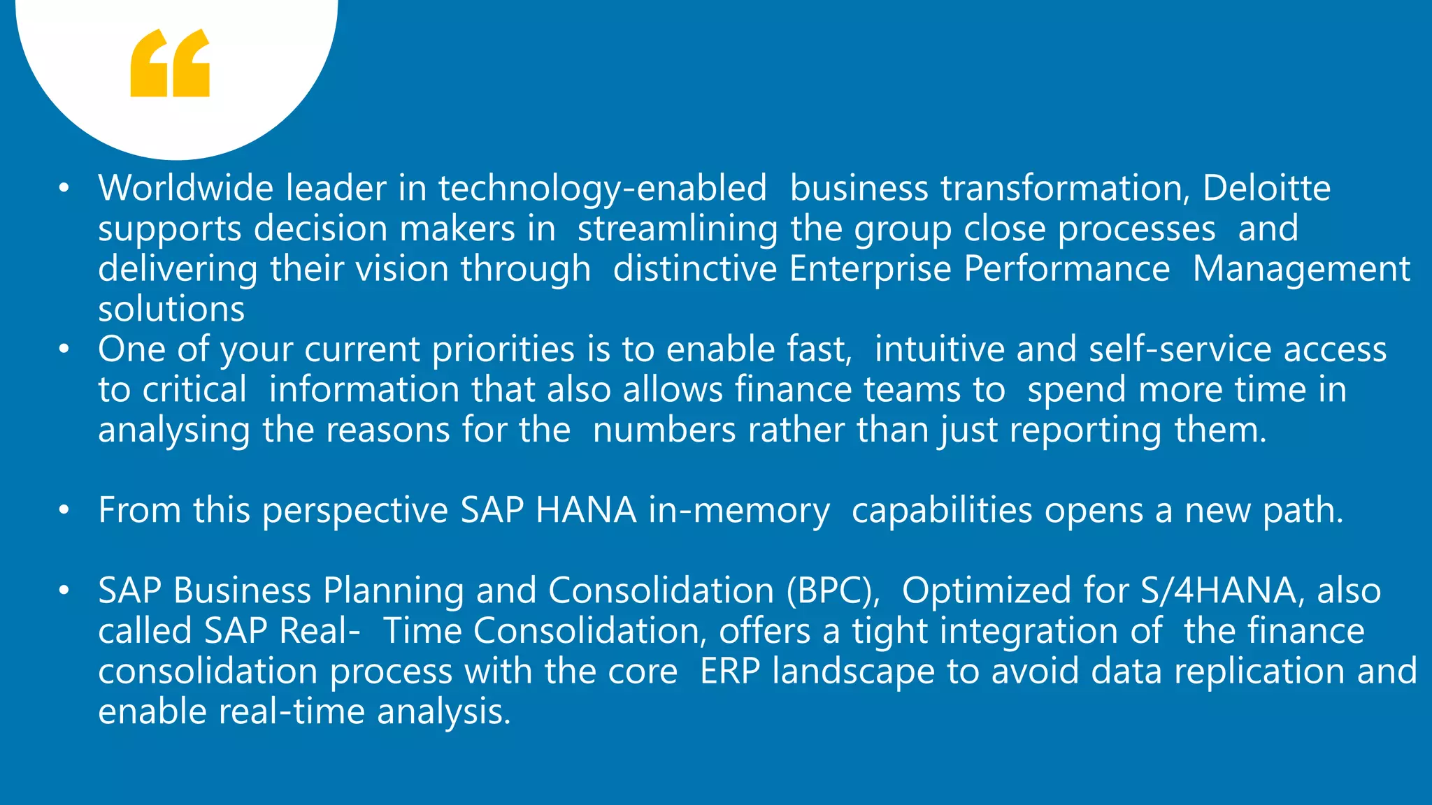 Sap bpc optimized for s4 hana real time consolidation | PPTX