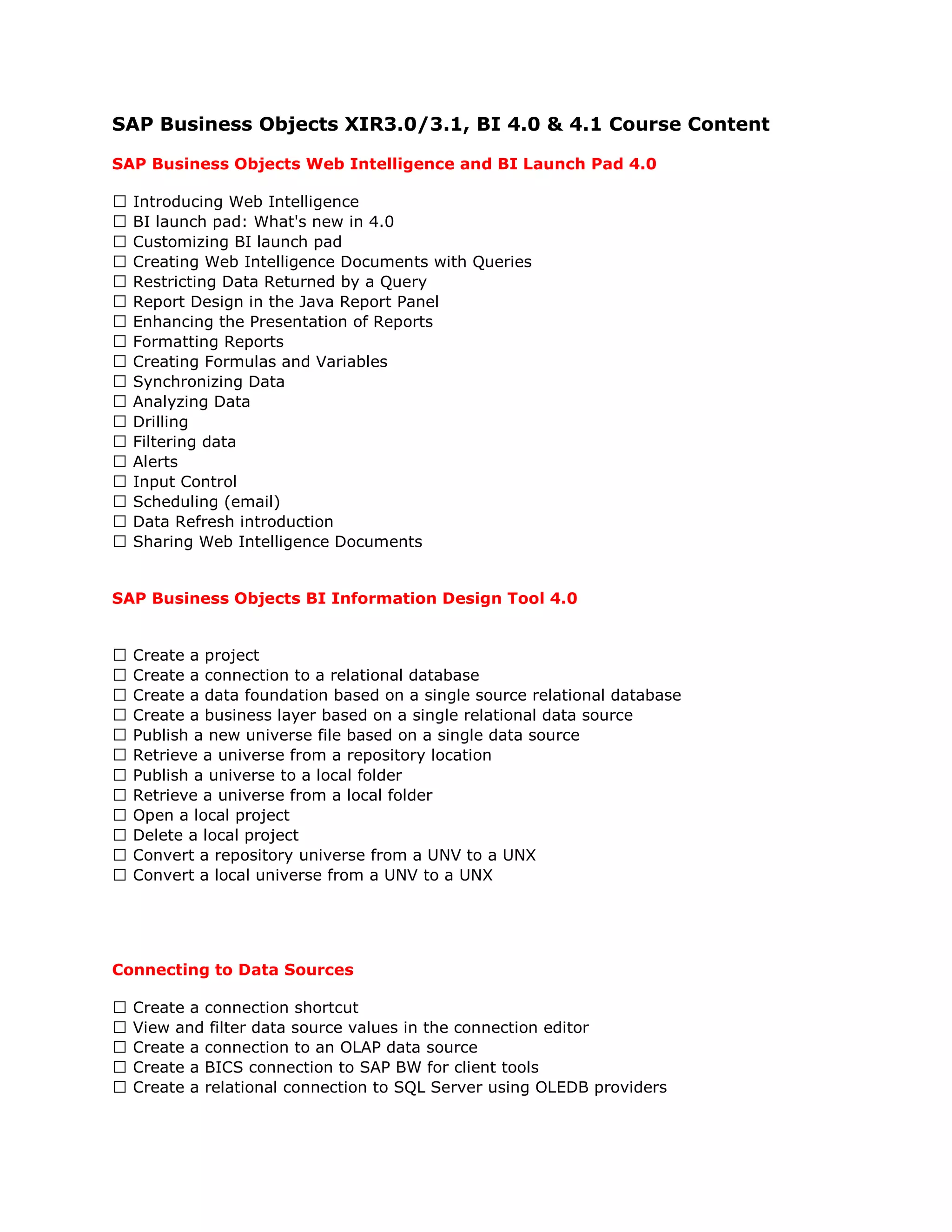 Sap business objects xir3.03.1, bi 4.0 & 4.1 training | PDF