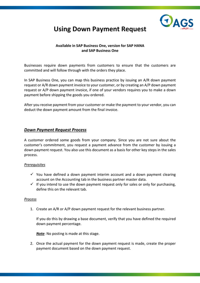 SAP Business One Quickhit: Using Down Payment Request | PDF | Credit ...