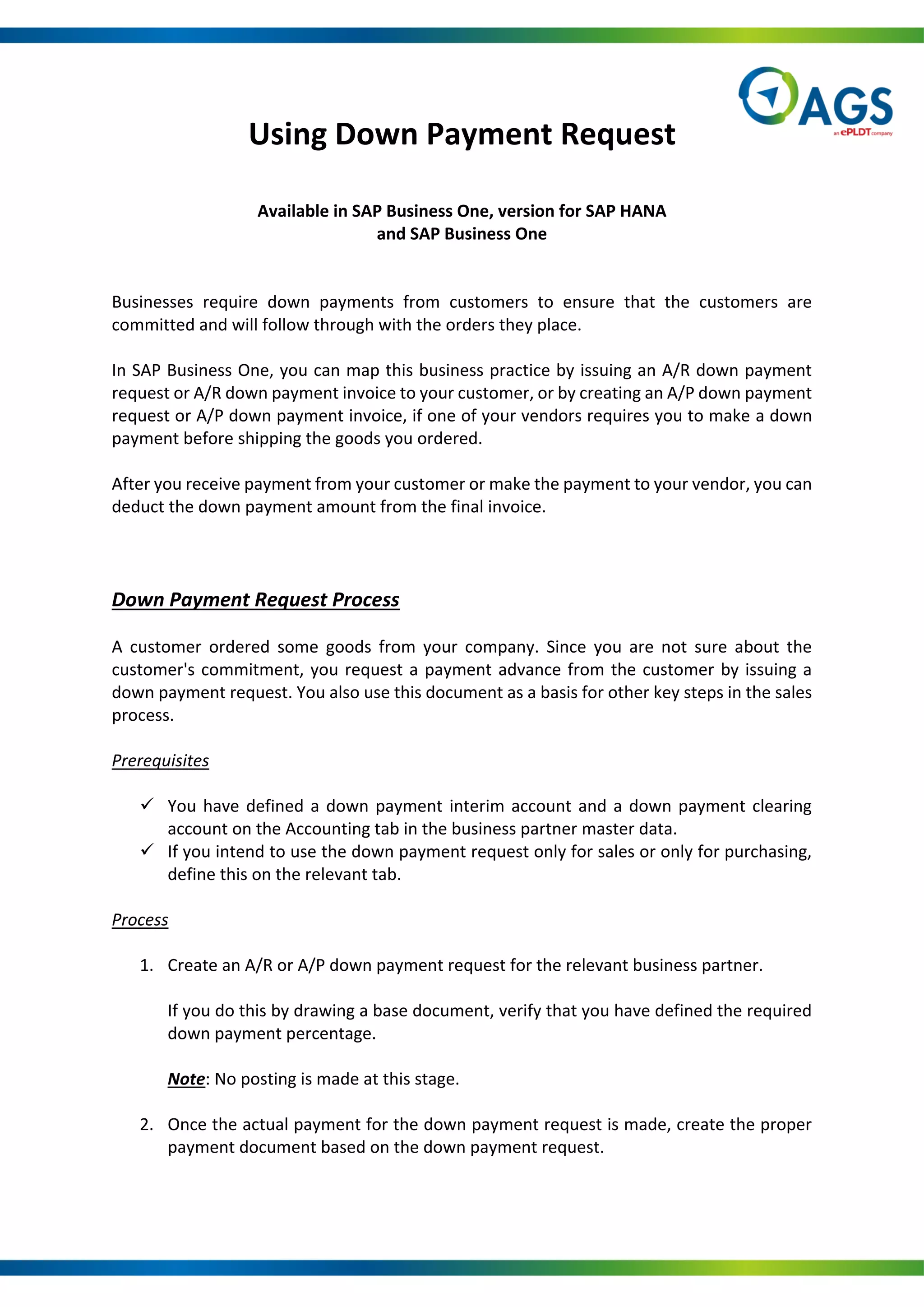 Sap B1 Quickhit Using Down Payment Request Pdf 9182