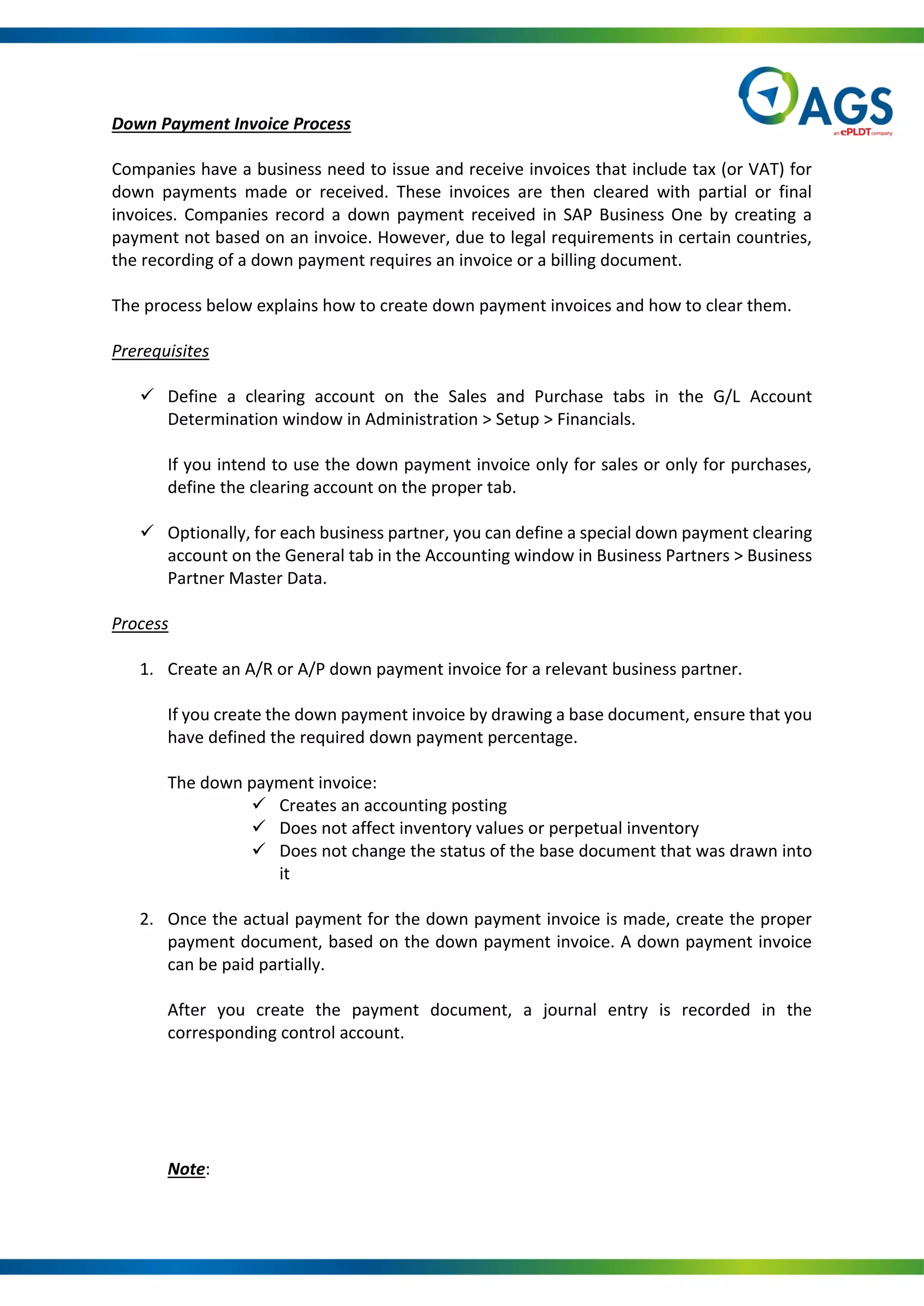 SAP B1 Quickhit: Using Down Payment Request | PDF