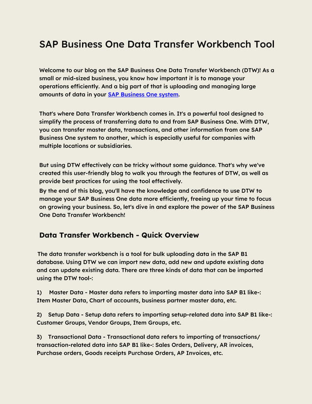 SAP Business One Data Transfer Workbench Tool | PDF | Databases ...
