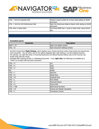 Sap business one keyboard shortcuts | PDF
