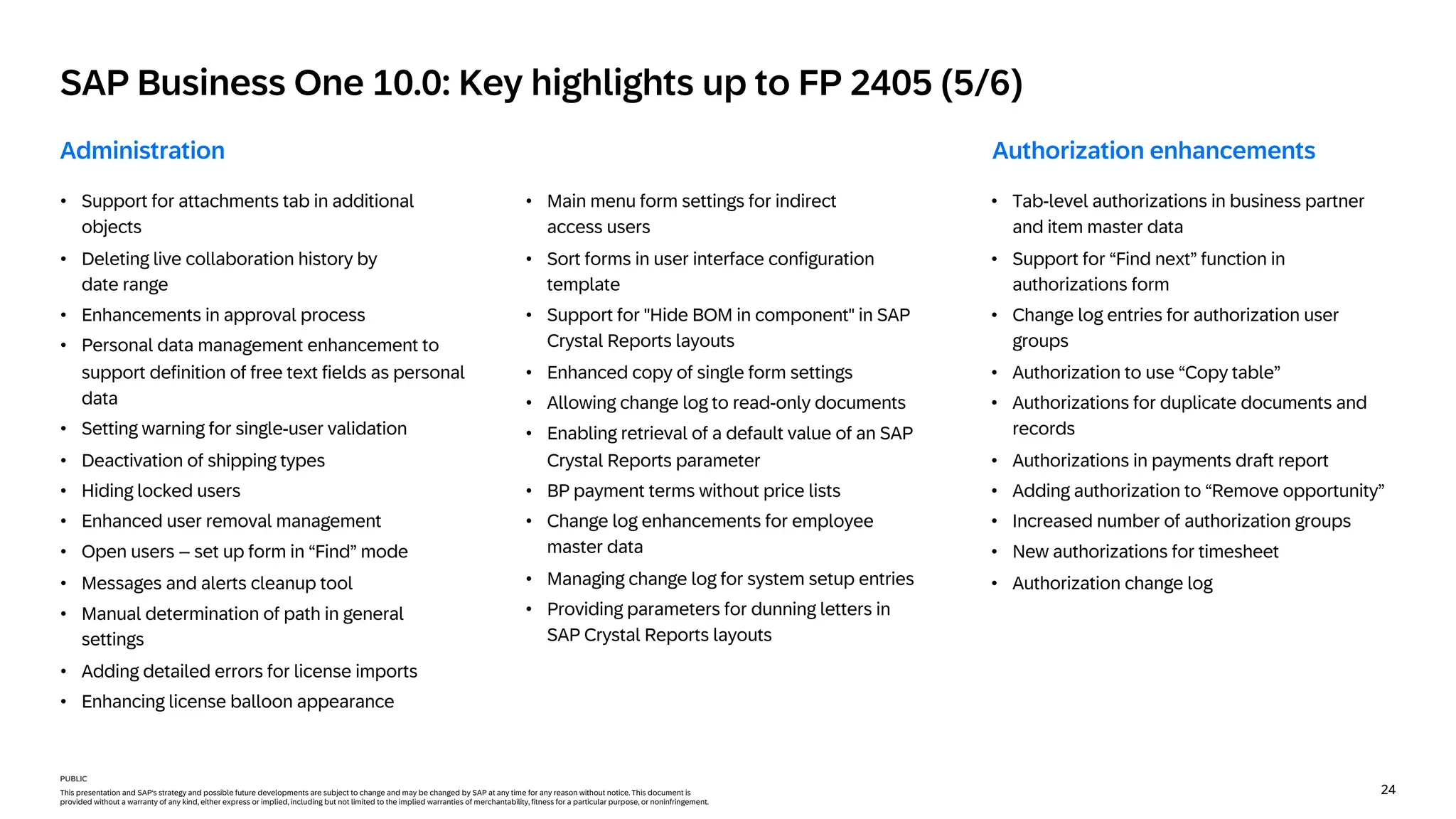 SAP Business One Road Map - Novas Funcionalidades release 2024.05