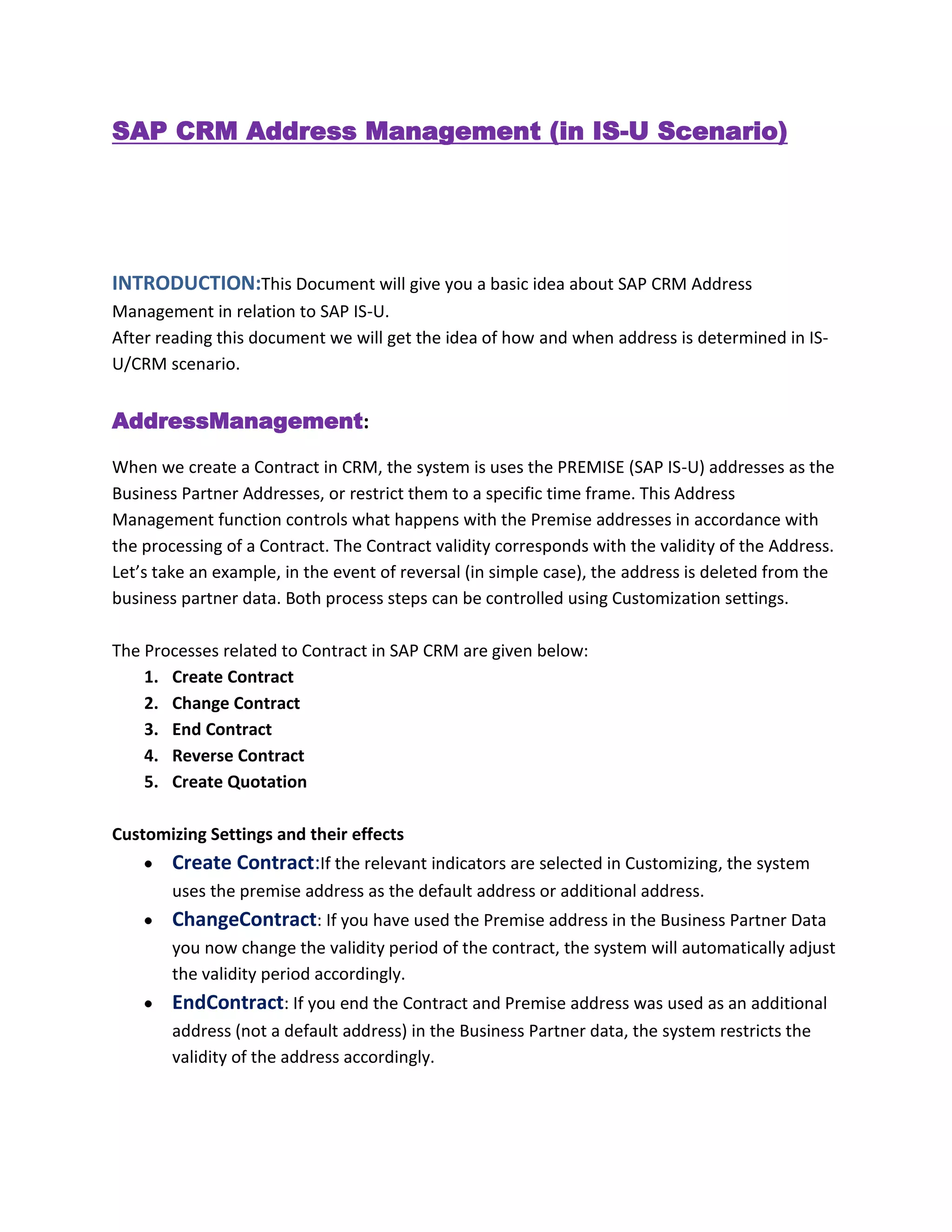 SAP CRM Address Mgmt for IS_U Scenario | DOCX