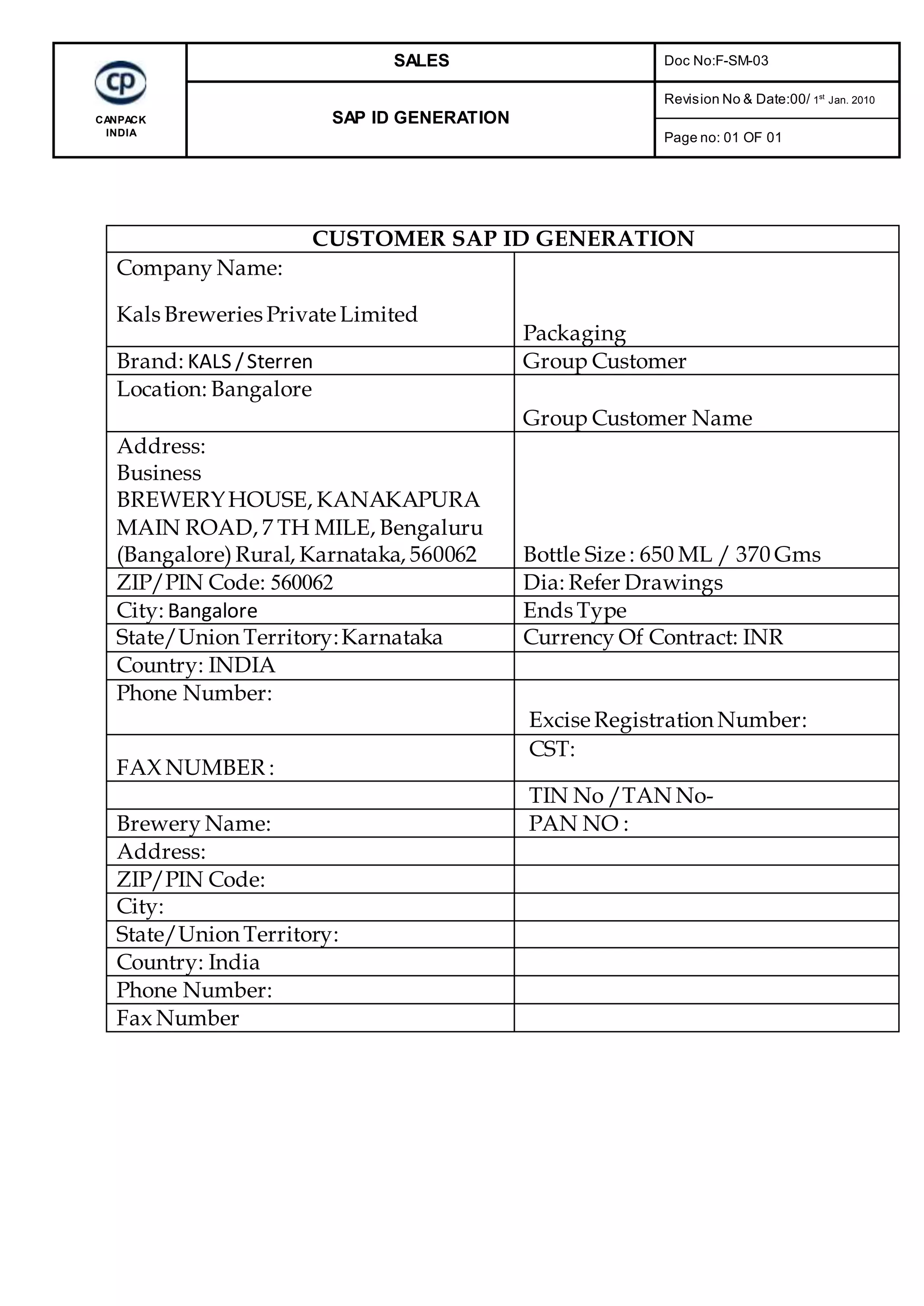Sap customer id format | DOCX