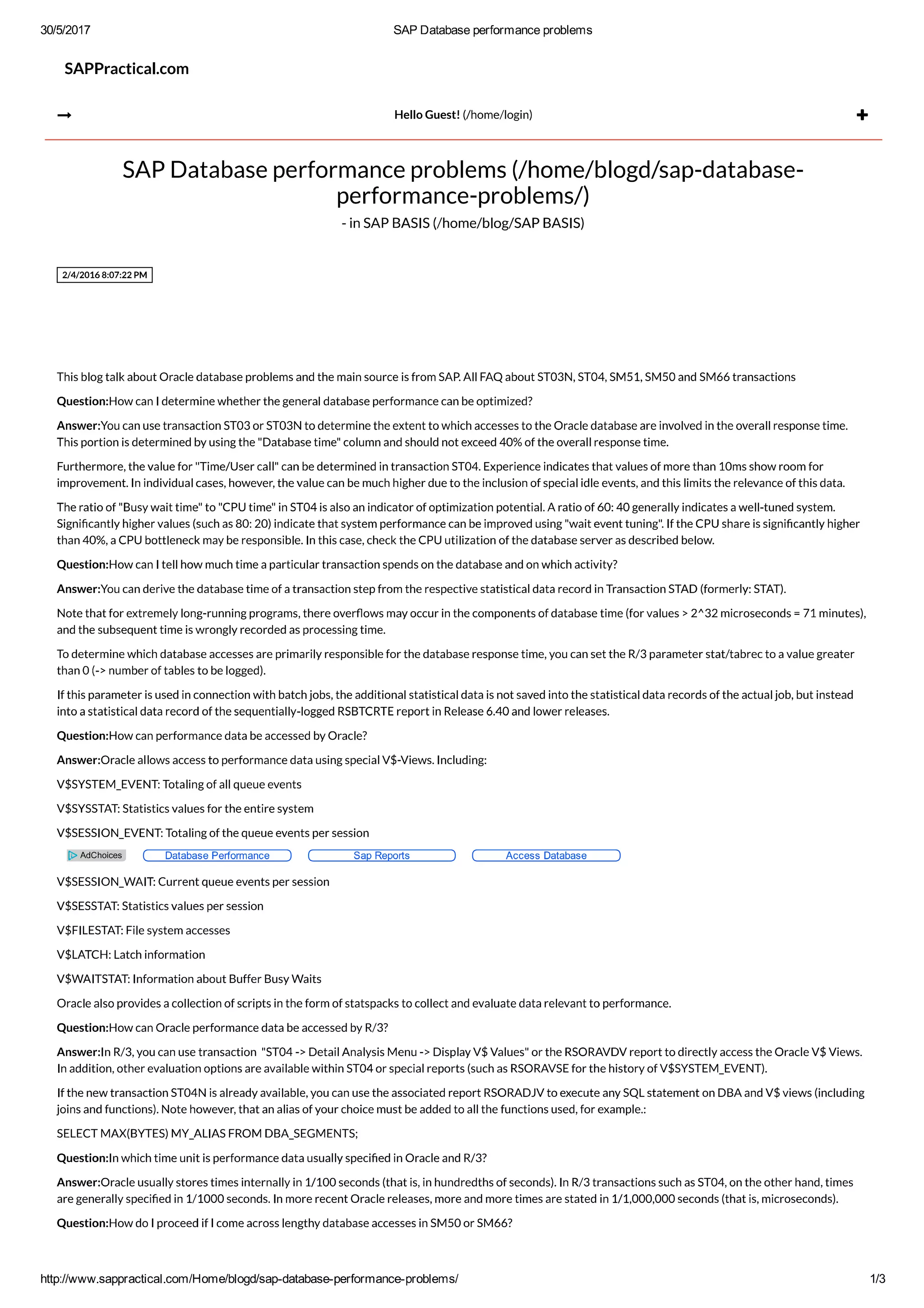 Sap database performance problems | PDF