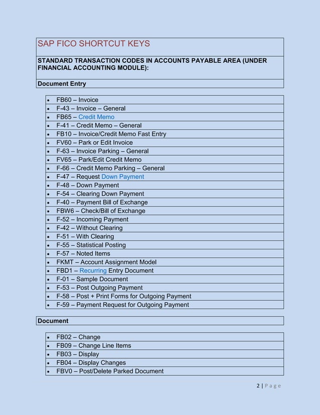 Sap fico shortcut Keys | PDF