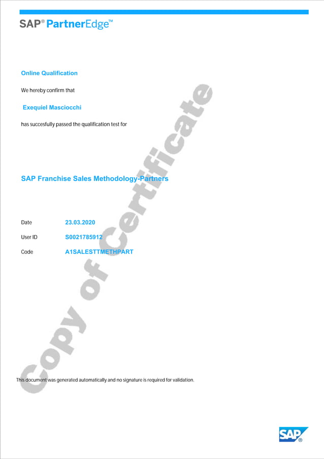 Sap Franchise Sales Methodology Partners certificate | PDF