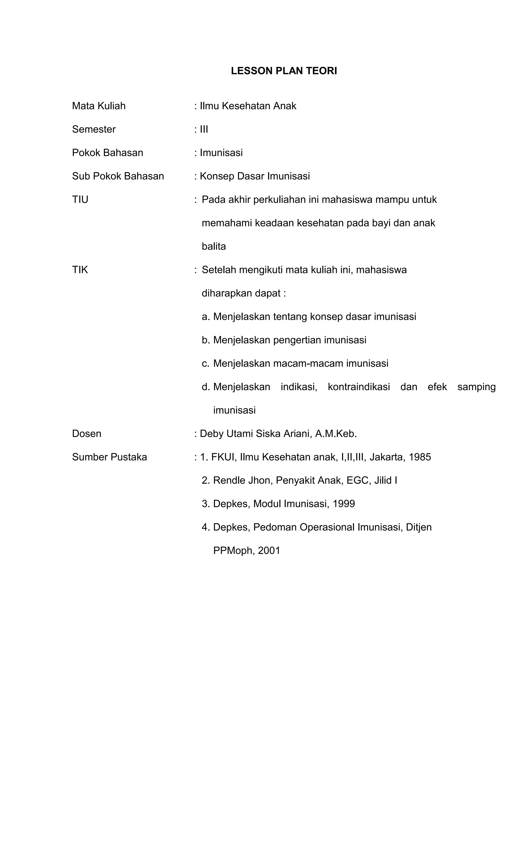 SAP Ilmu Kesehatan Anak tentang Imunisasi.doc