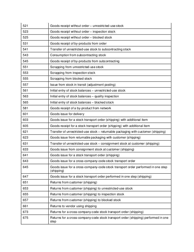 Sap material movement types