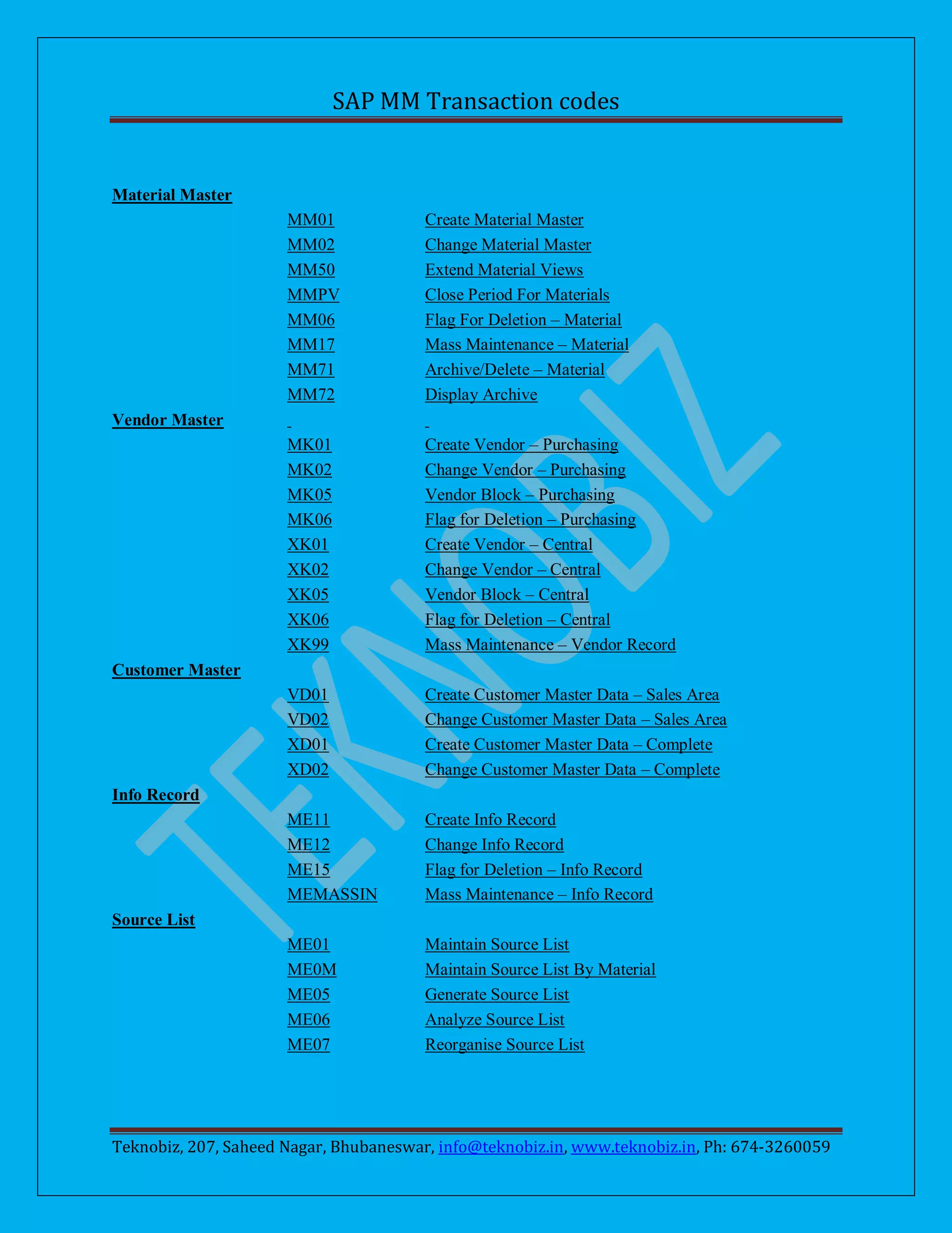 Sap mm t_codes | PDF