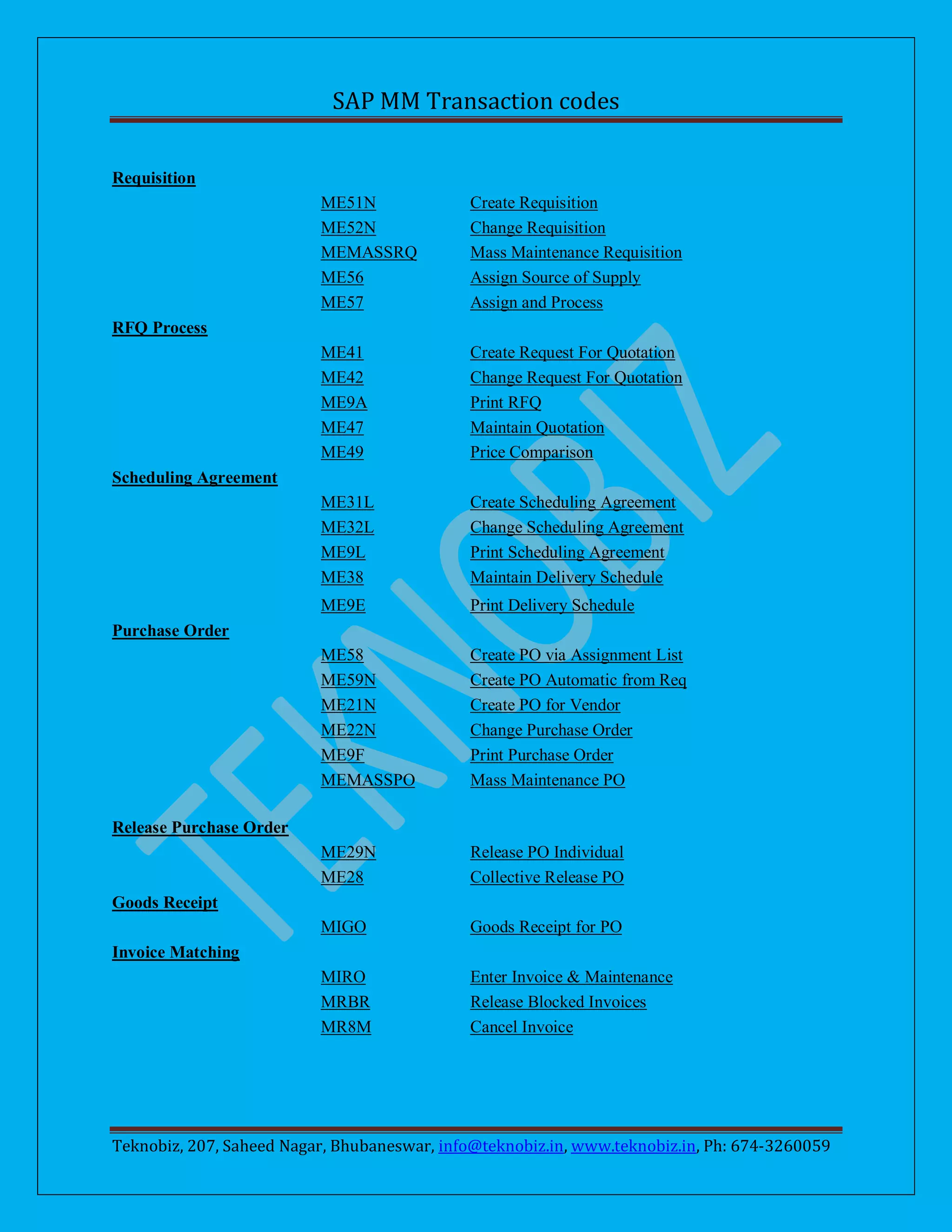 Sap mm t_codes | PDF