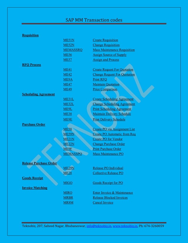 Sap mm t_codes | PDF