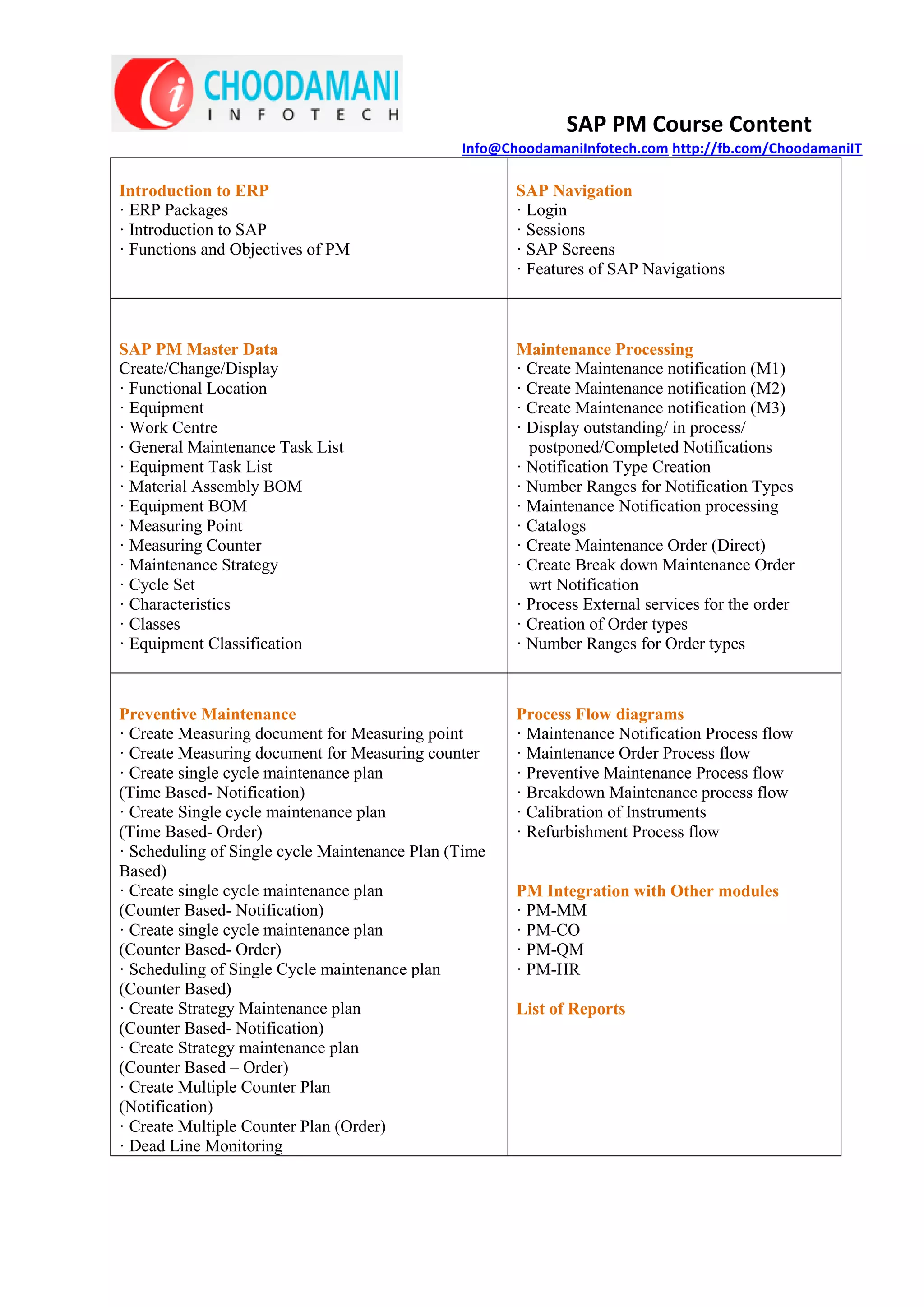 SAP PM Course Content | PDF