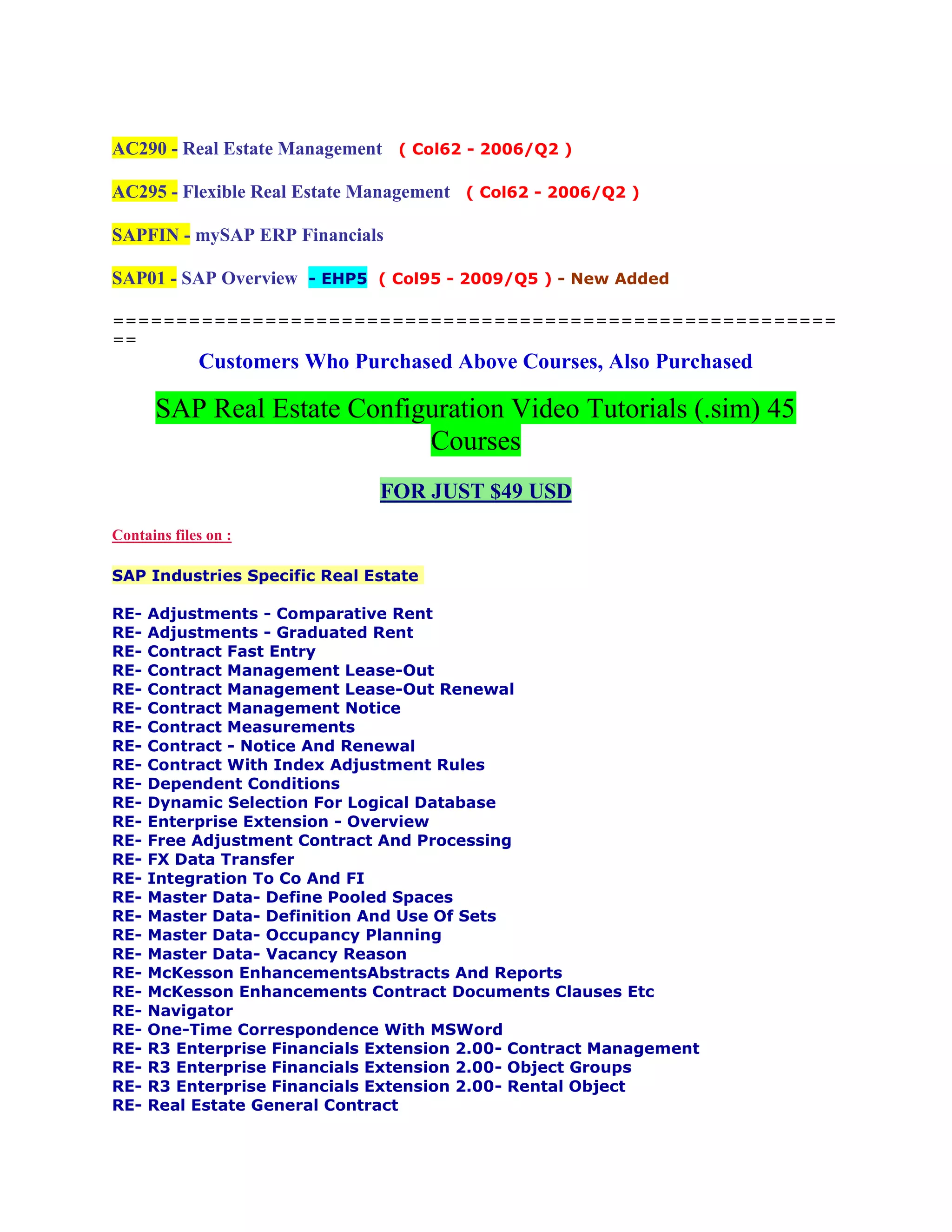 Sap real estate erp 6.0 ehp5 latest study materials for sap real estate ...