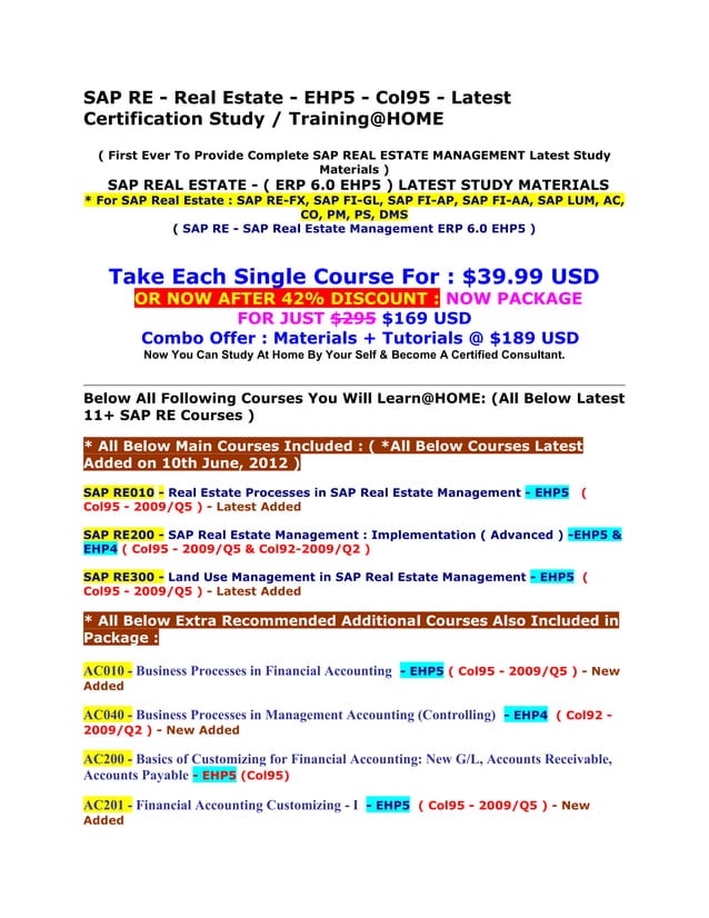 Sap real estate erp 6.0 ehp5 latest study materials for sap real estate ...