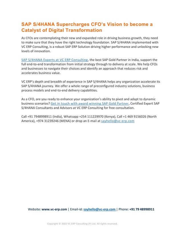 SAP S/4HANA for Finance 2: Transforming CFO’s Vision to Value with ...