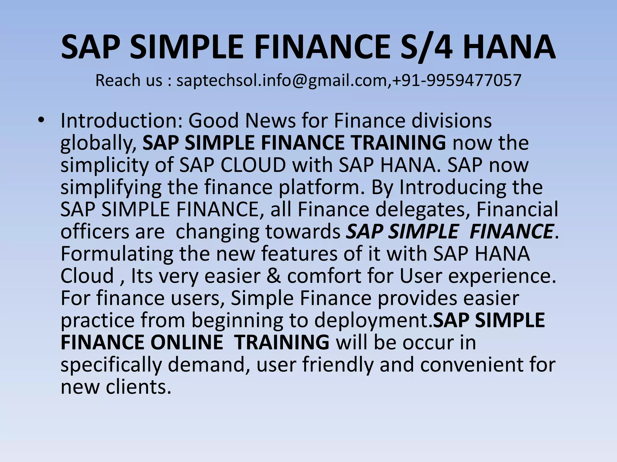 SAP SIMPLE FINANCE S/4 HANA ONLINE TRAINING | PPTX