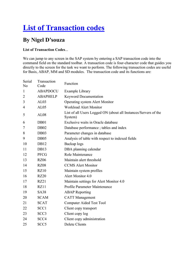 Sap transaction codes | DOCX