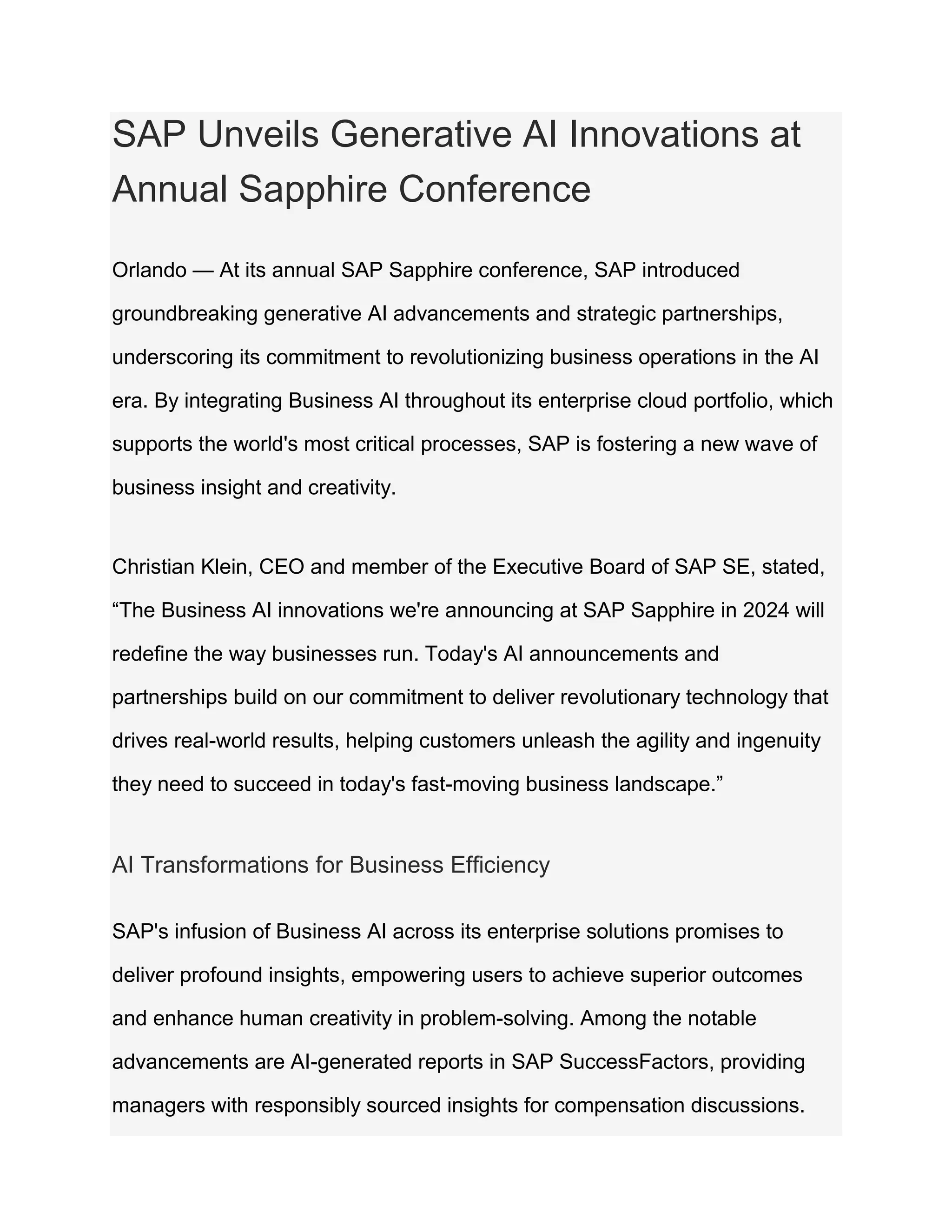 SAP Unveils Generative AI Innovations at Annual Sapphire Conference | PDF