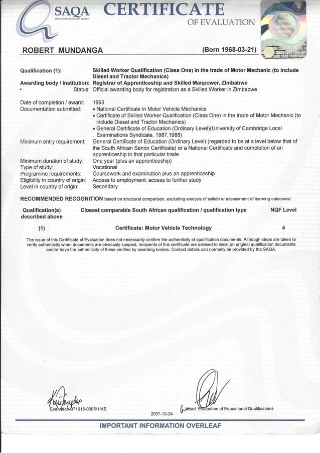 Saqa certificate of evaluation | PDF