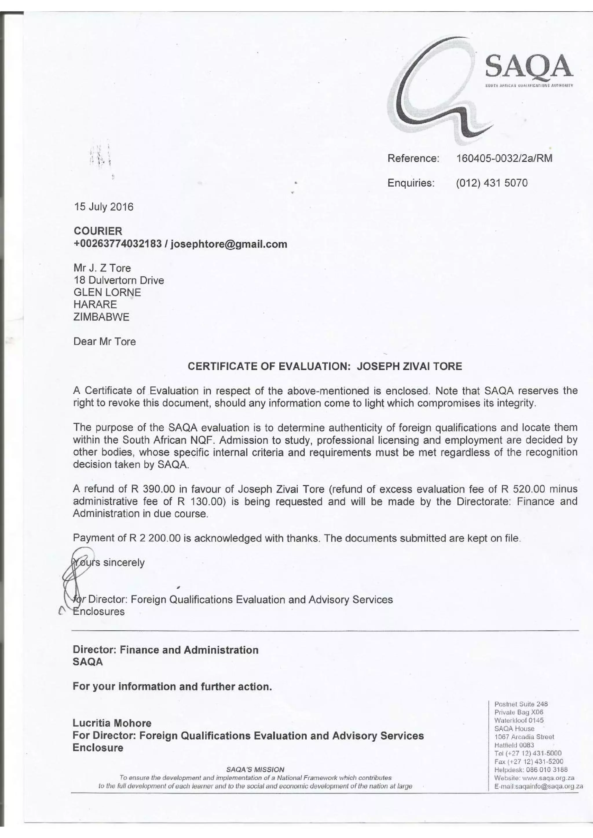 Saqa certificate of evaluation.compressed | PDF