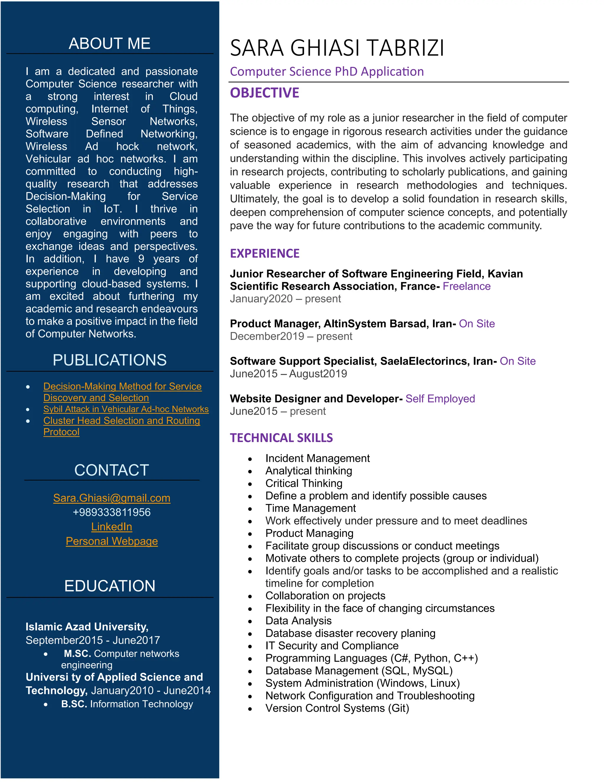 sara-shortCV SARA GHIASI TABRIZI Computer Science PhD Application | PDF