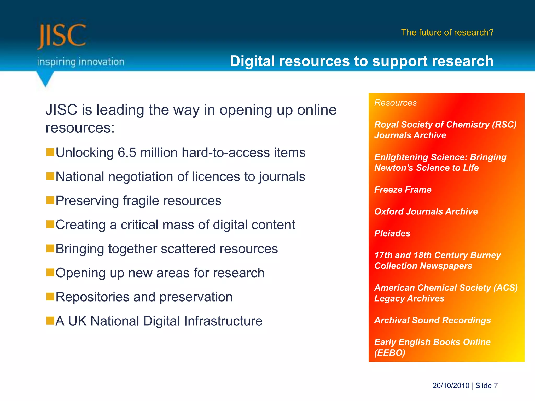 JISC: Supporting The Future of Research | PPTX
