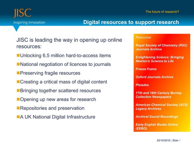 JISC: Supporting The Future of Research | PPTX