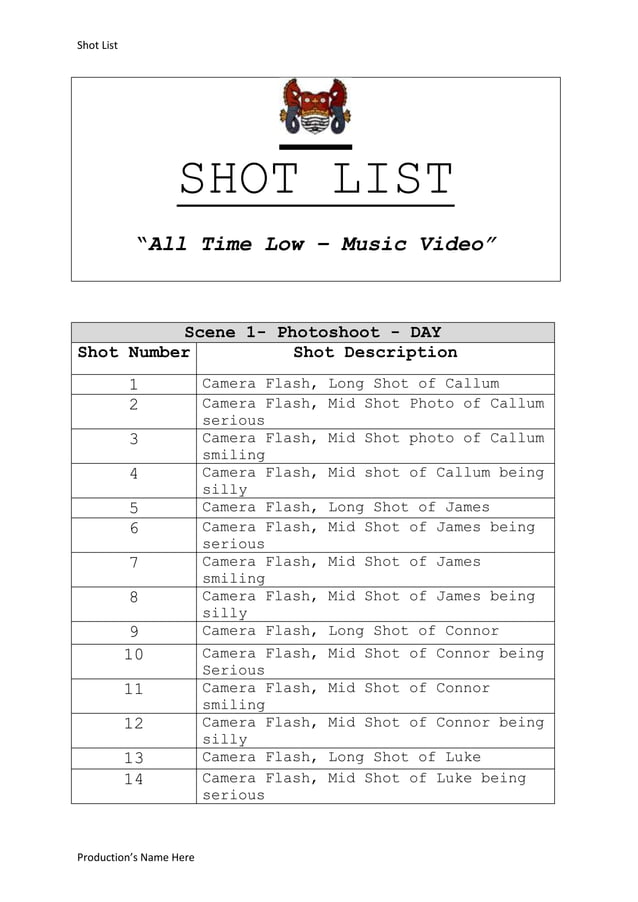 Sarah shot list (draft 2) | PDF