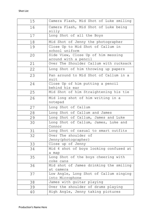 Sarah shot list (draft 2) | PDF