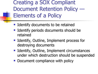 Sarbanes-Oxley Primer on Document Retention Policies | PPT